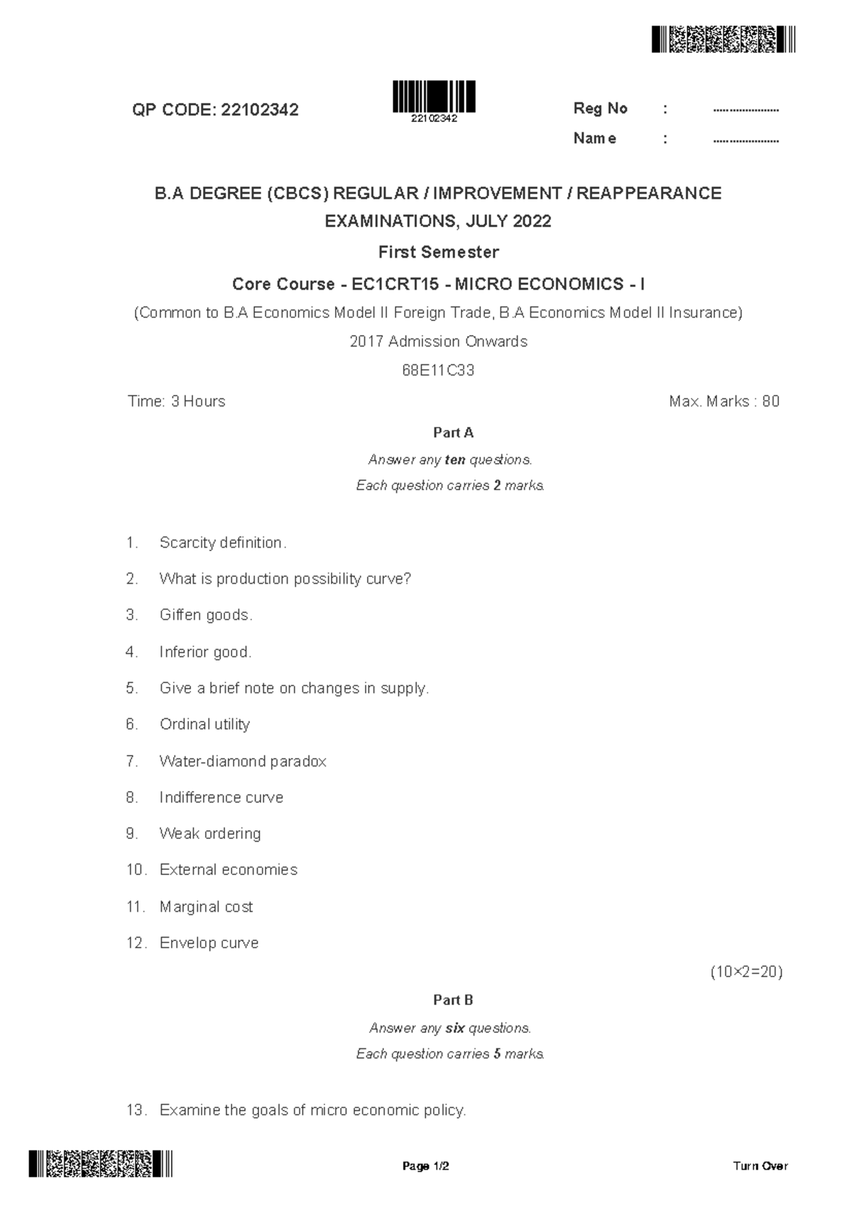 Micro Economics - QP CODE: 22102342 Reg No : ..................... Name