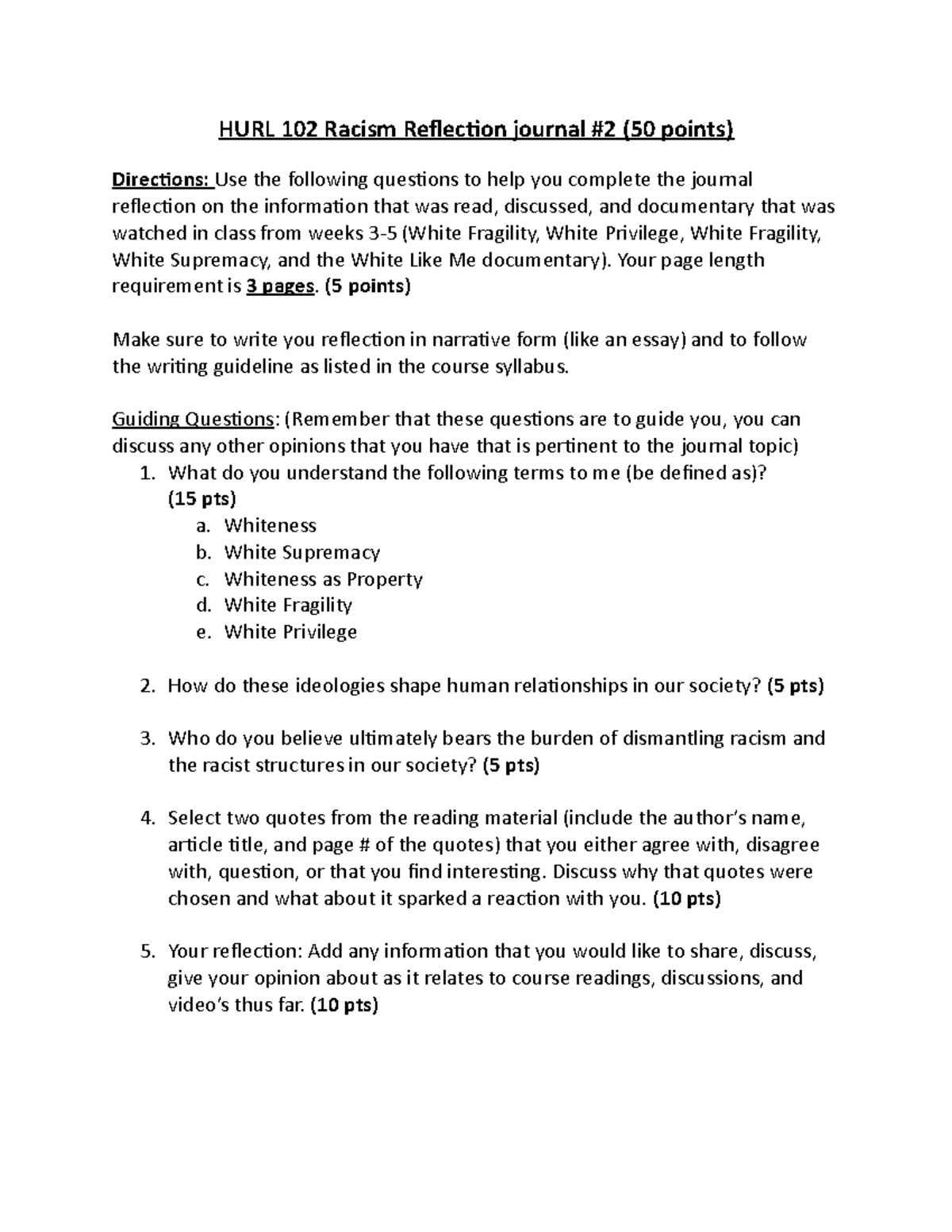 102 Racism Reflection journal #2 - HURL 102 Racism Reflection journal ...