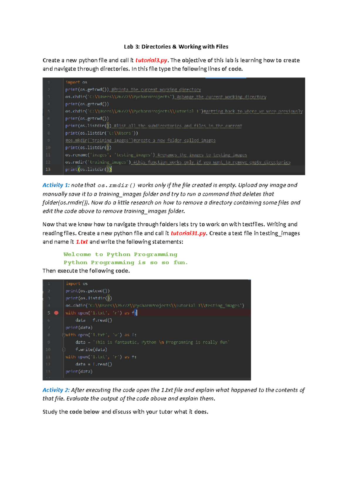 Intelligent systems Labs Week 3 - Lab 3: Directories & Working with Files Create a new python ...