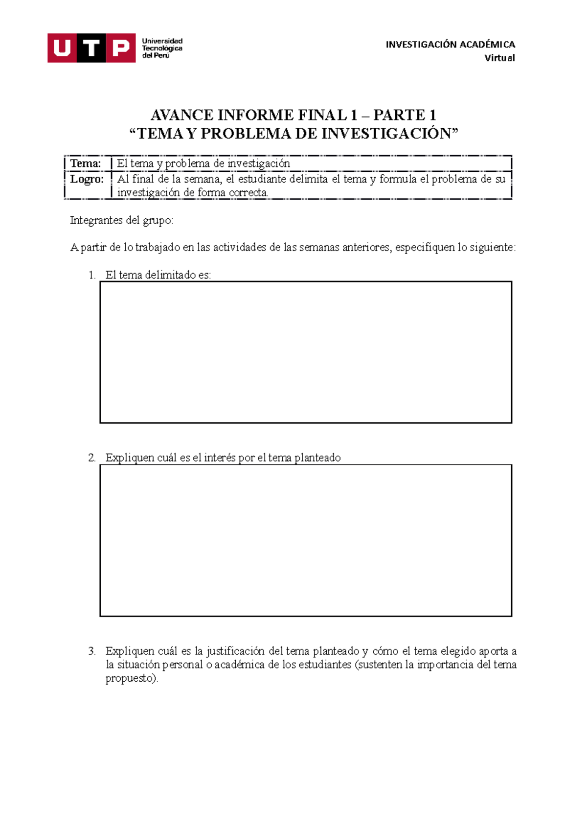 Semana 03-Formato Avance de Informe Final 1 - Parte 1 Tema y problema de investigación - AVANCE ...