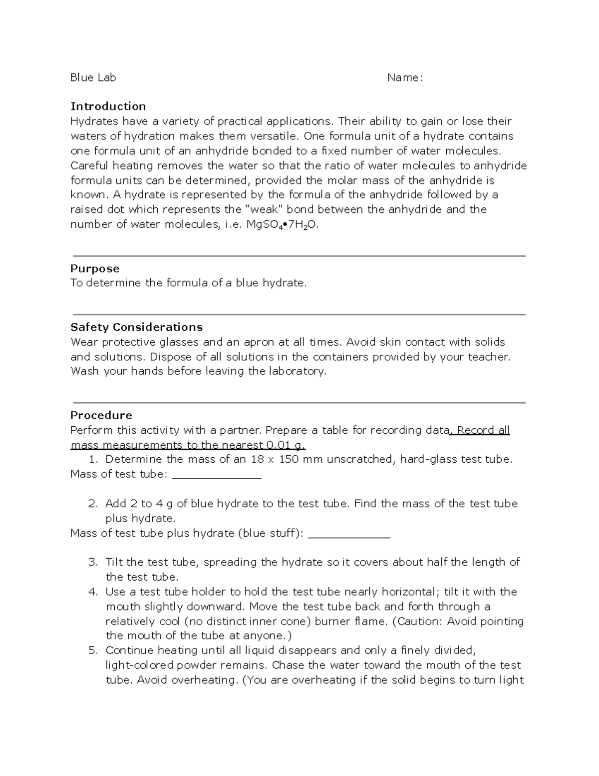 Dehydration of Copper Sulfate Mole Lab - Google Docs - Blue Lab Name ...
