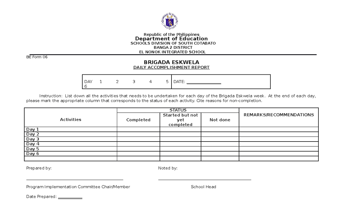 BE Form 6 Daily Accomplishment Report - Republic of the Philippines ...
