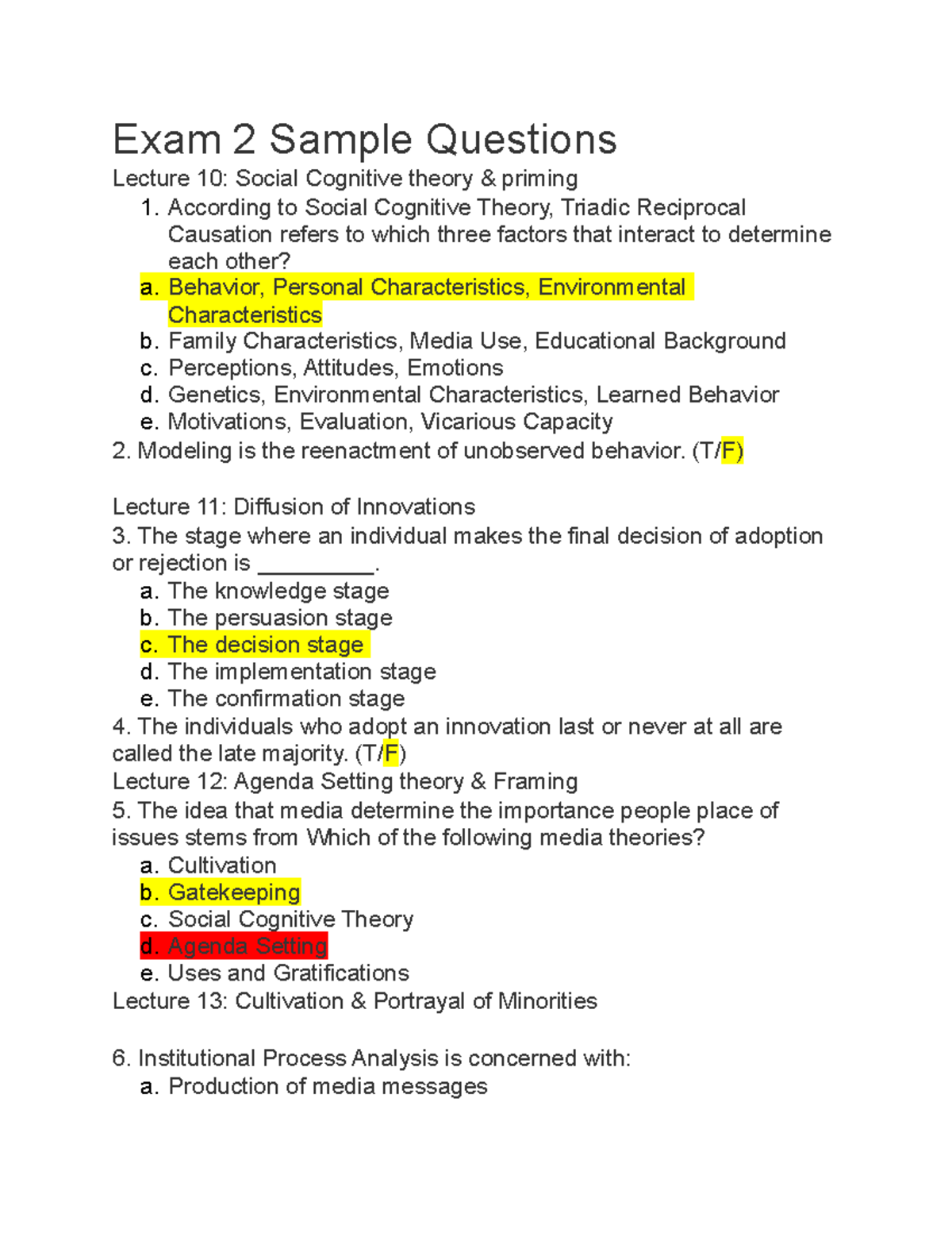 Exam 2 Sample Questions - Exam 2 Sample Questions Lecture 10: Social ...