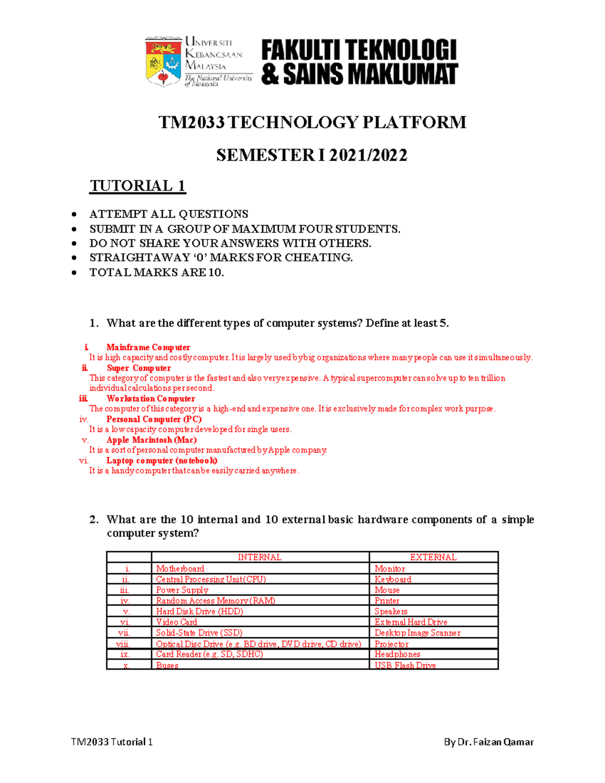 Tutorial 1 with Answers ( 2021/2022) semester 1 - TM2033 TECHNOLOGY ...