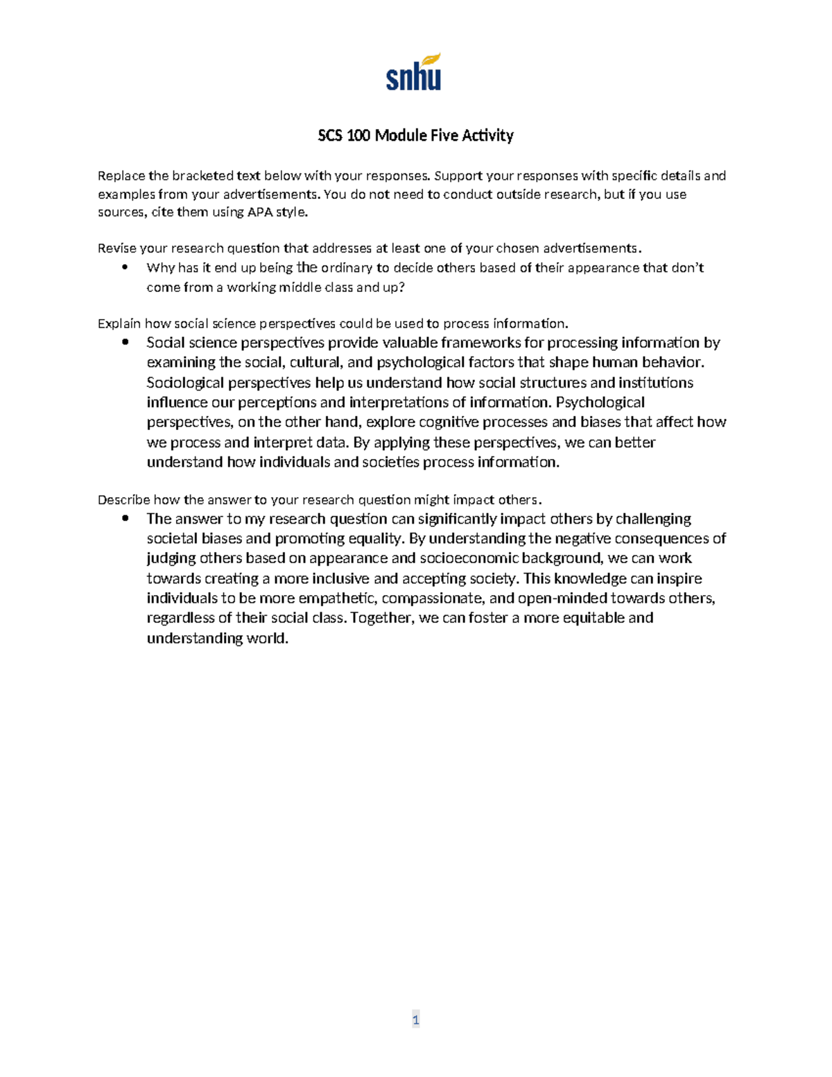 SCS 100 Module Five Activity 1 - SCS 100 Module Five Activity Replace ...