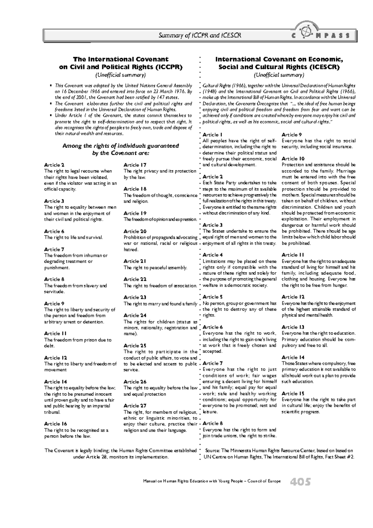 Summary of ICCPR and ICESCR - Article 4 Limitations may be placed on ...