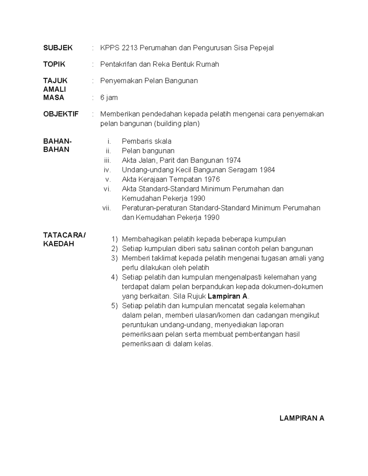 Amali penyemakan pelan bangunan - SUBJEK : KPPS 2213 Perumahan dan ...
