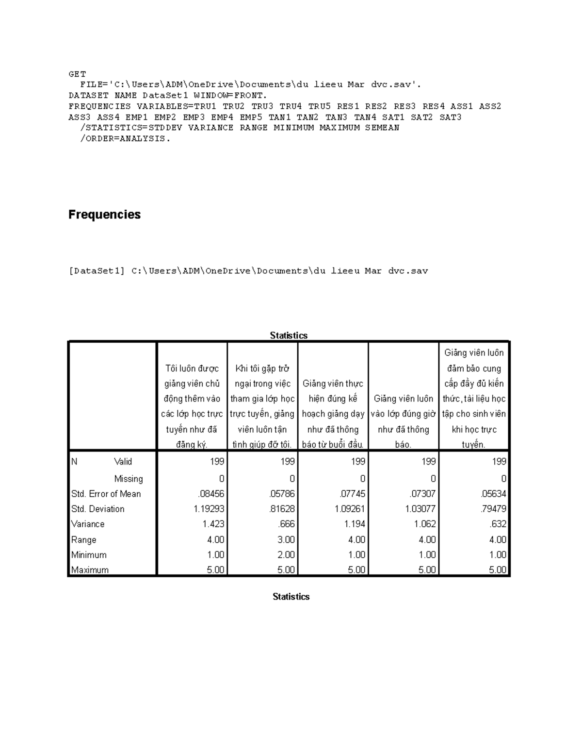 Kết quả SPSS - GET FILE='C:\Users\ADM\OneDrive\Documents\du lieeu Mar dvc'. DATASET NAME ...