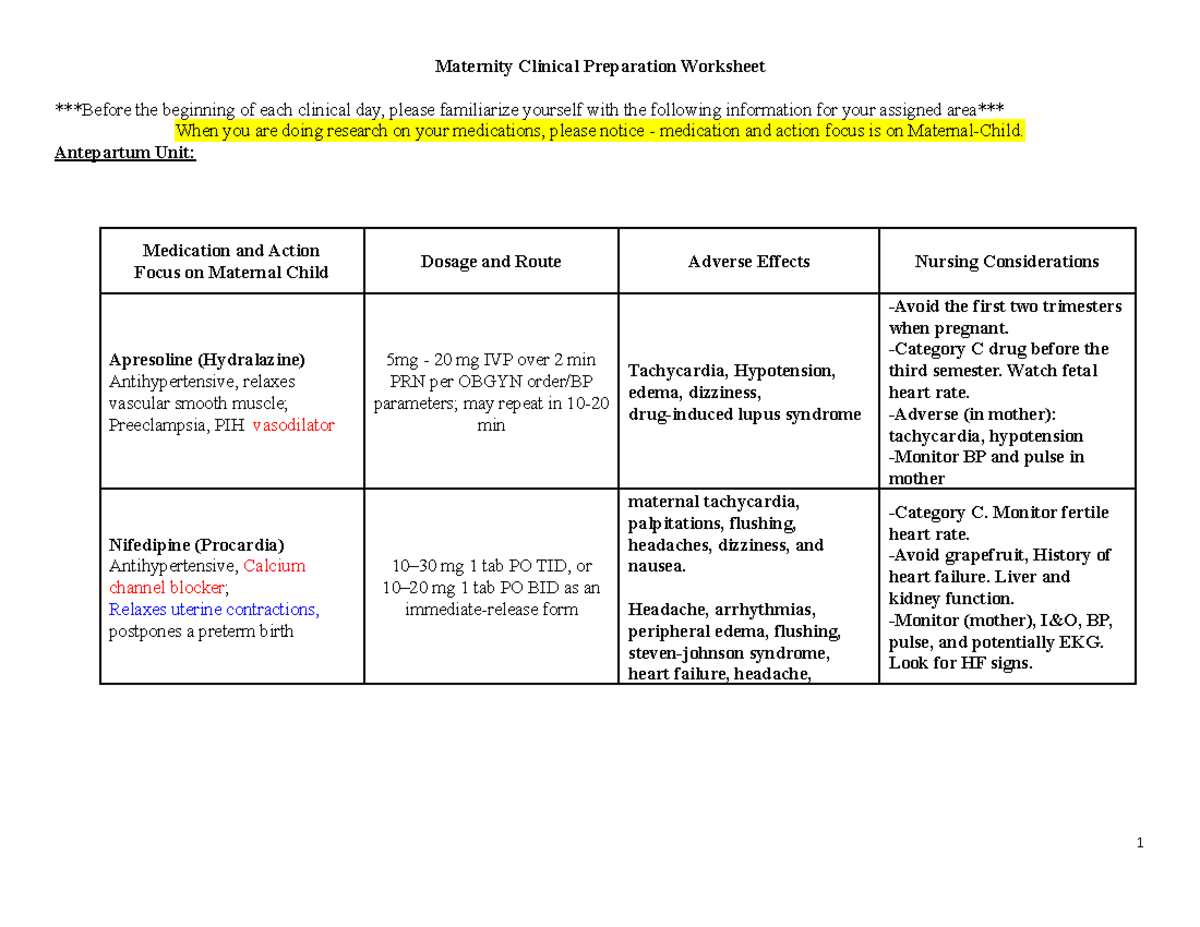 Copy of Maternity Clinical Preparation Worksheet 2020 - Maternity ...