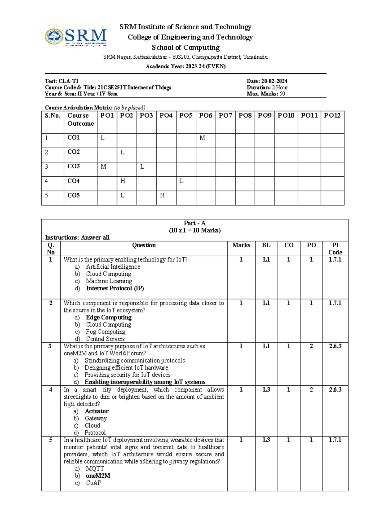 IOT CT 1 SET A KEY - CT question paper - SRM Institute of Science and ...