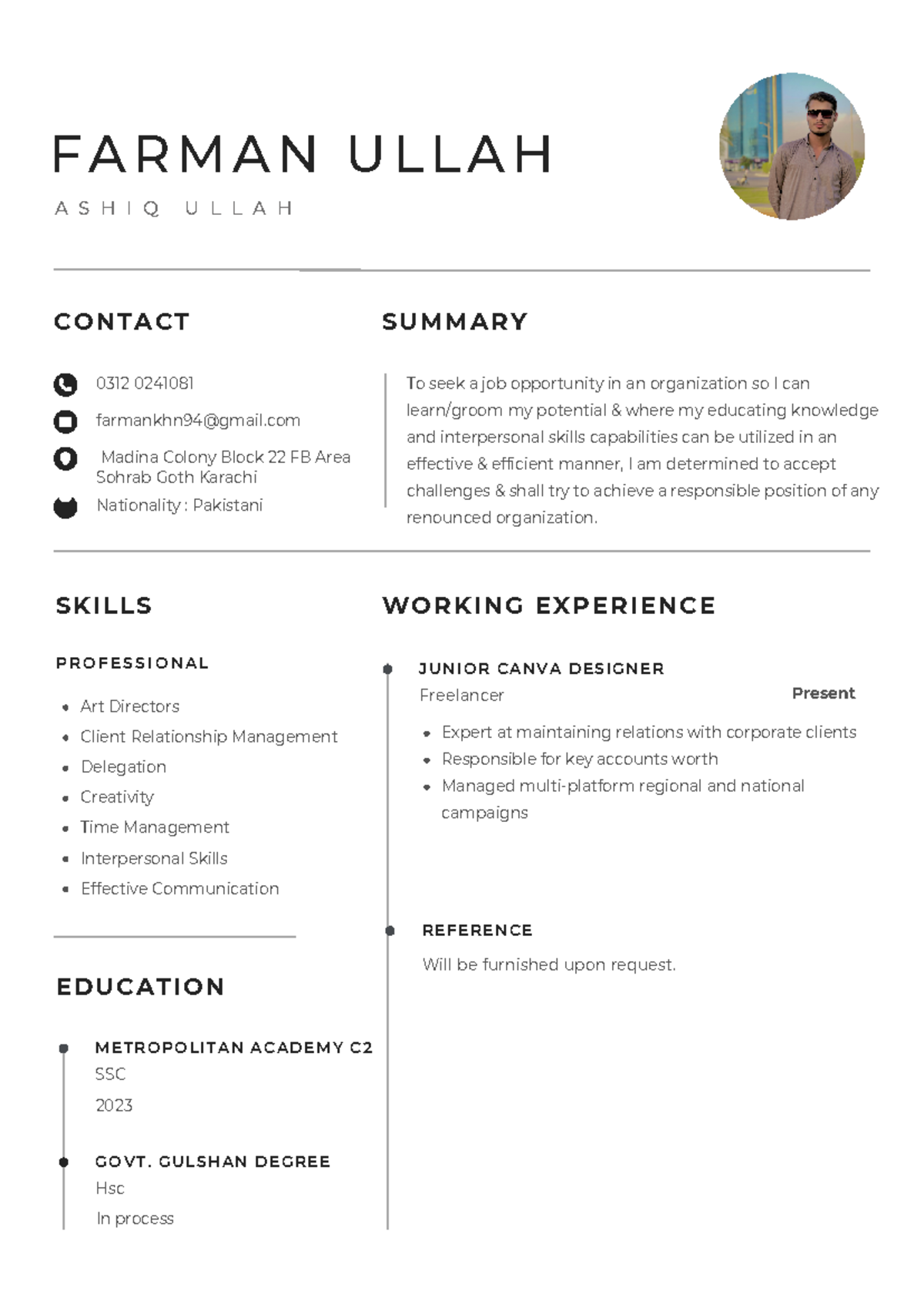 Farman-cv - asdadsdad - F A R M A N U L L A H 0312 0241081 Madina Colony Block 22 FB Area Sohrab ...