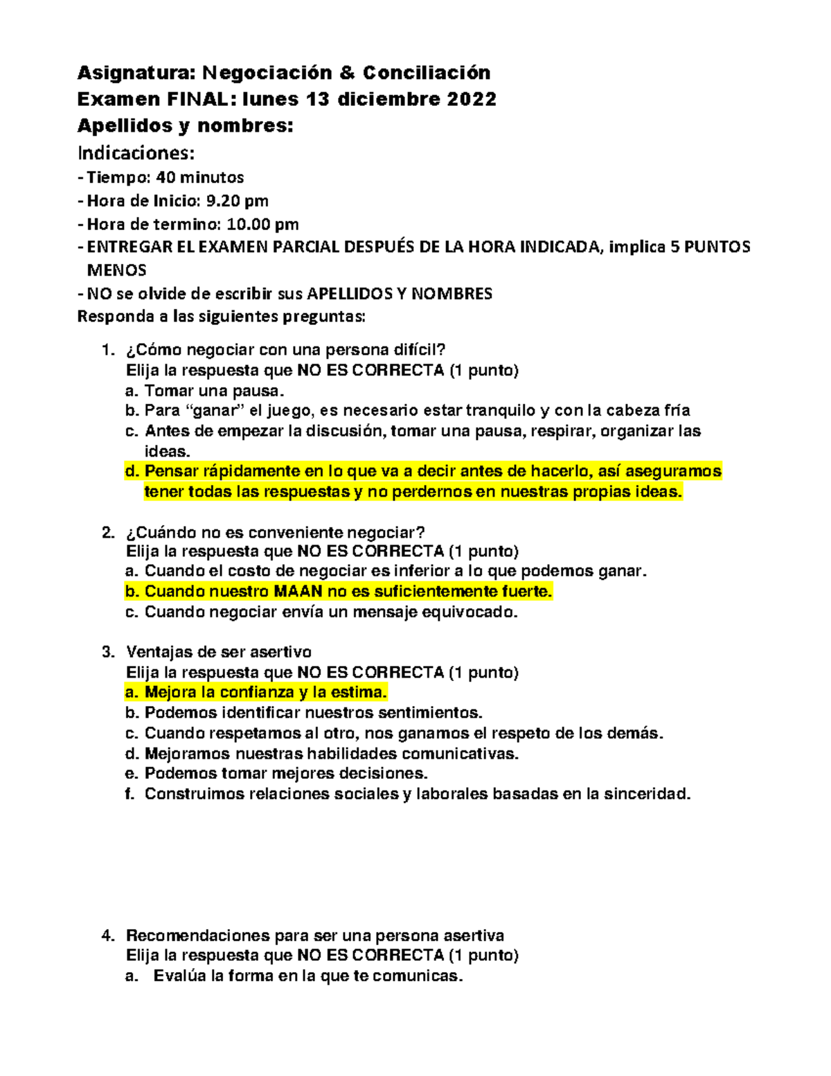 Examen final de negociación y conciliación - Asignatura: Negociación & Conciliación Examen - Studocu