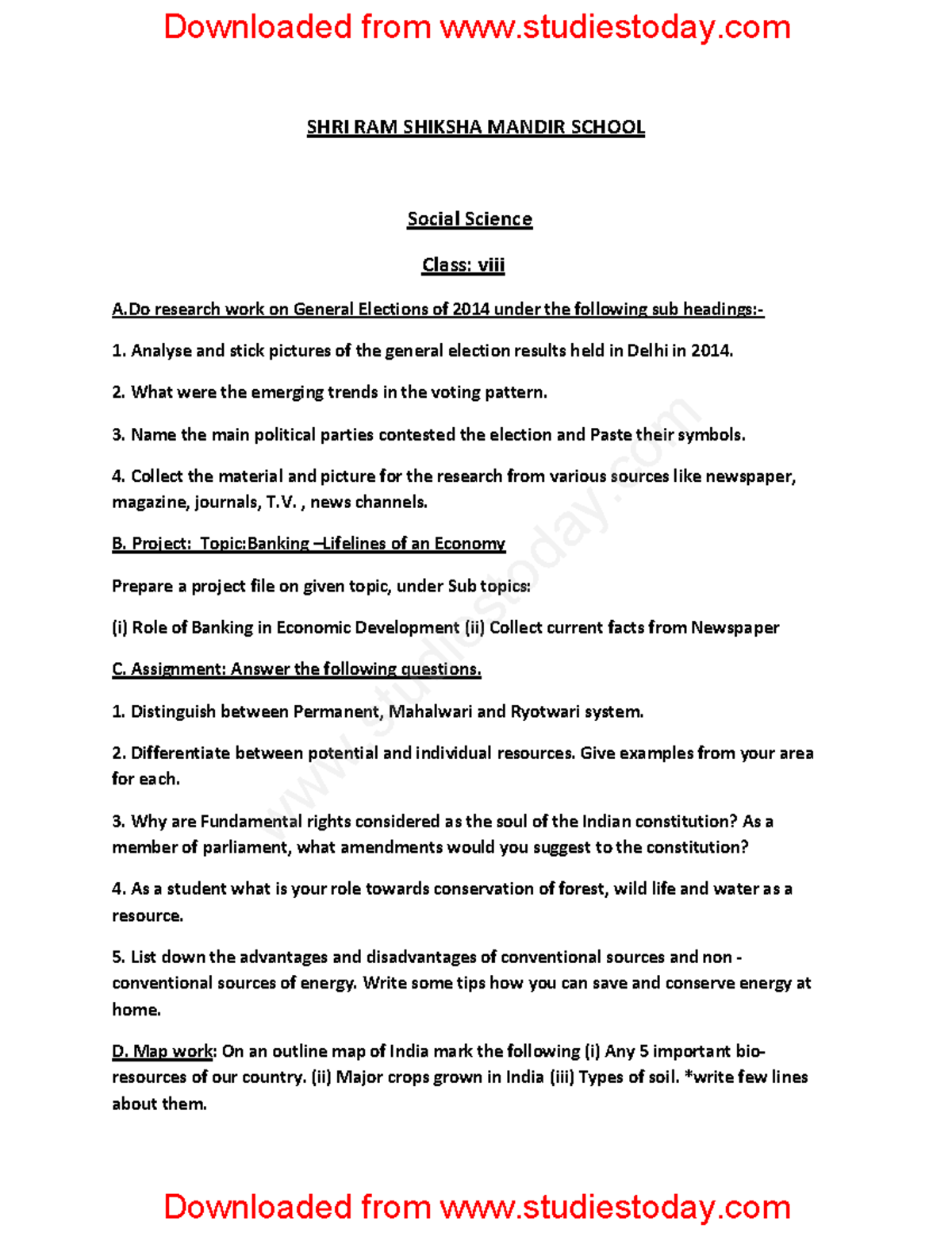 CBSE Class 8 Social Science Assignment (11) - SHRI RAM SHIKSHA MANDIR ...
