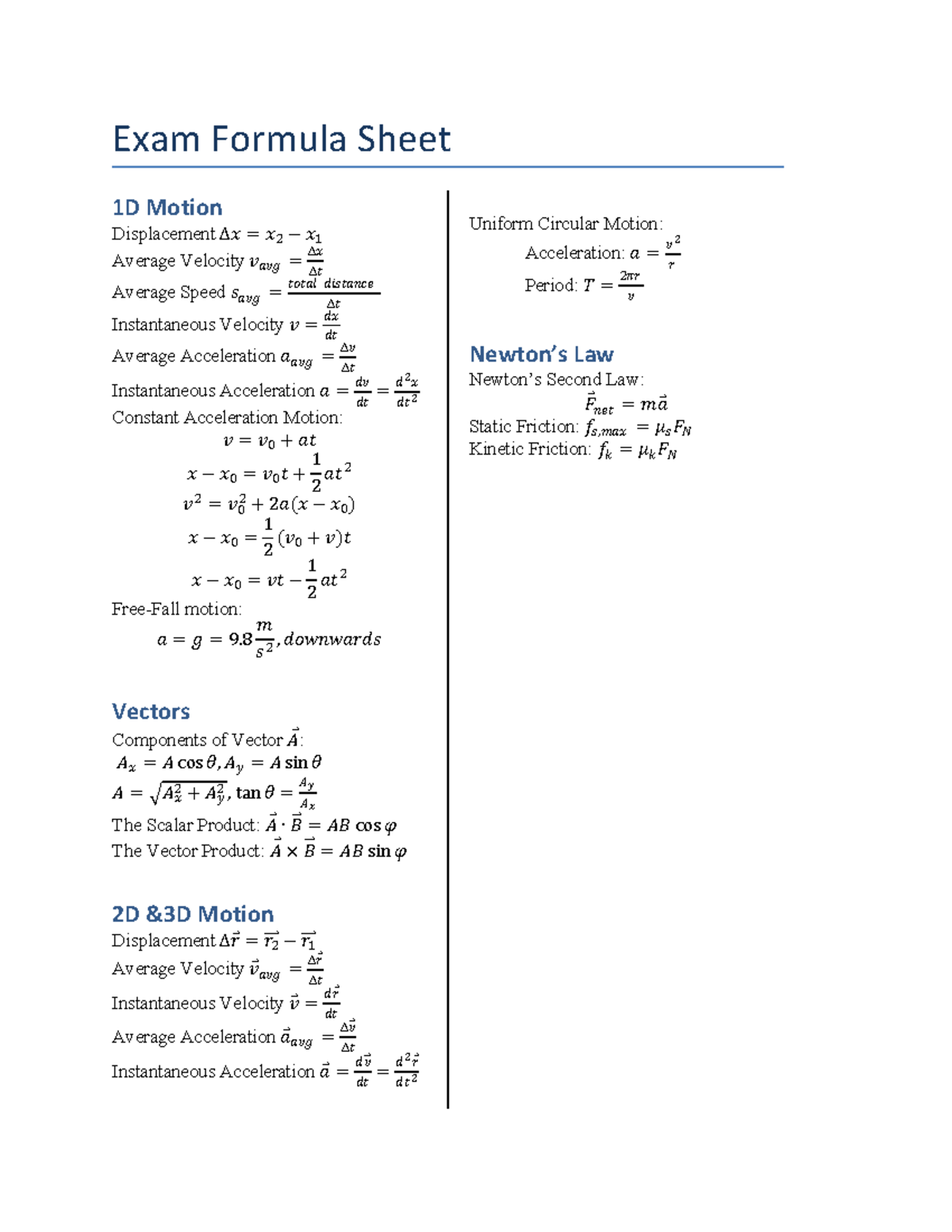 MT 2 Formula Sheet - Exam Formula Sheet 1D Motion Displacement ∆끫룊 = 끫룊 ...