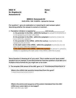 MCB Homework Week #4 - MCB 10 Name: Dr. Engebrecht ID: Homework 04 ...
