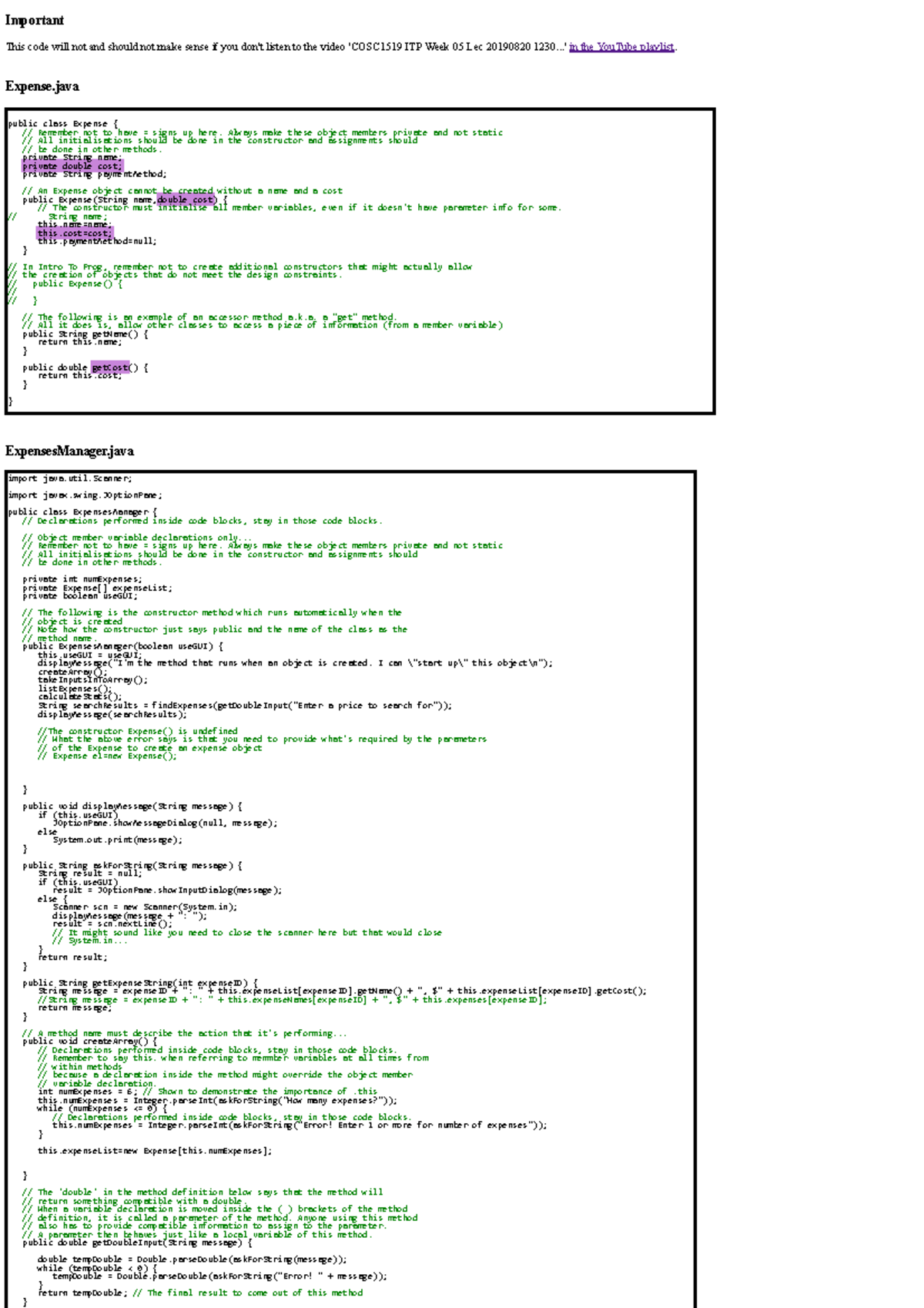 Lecture 7 - OO Part C - Code - Important This code will not and should ...