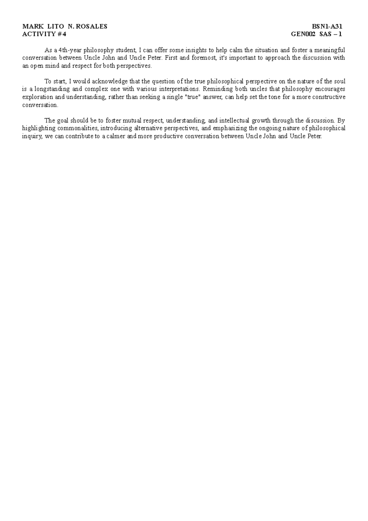 GEN002 SAS 1-3, CASELETS - ACTIVITY # 4 GEN002 SAS – 1 As a 4th-year ...