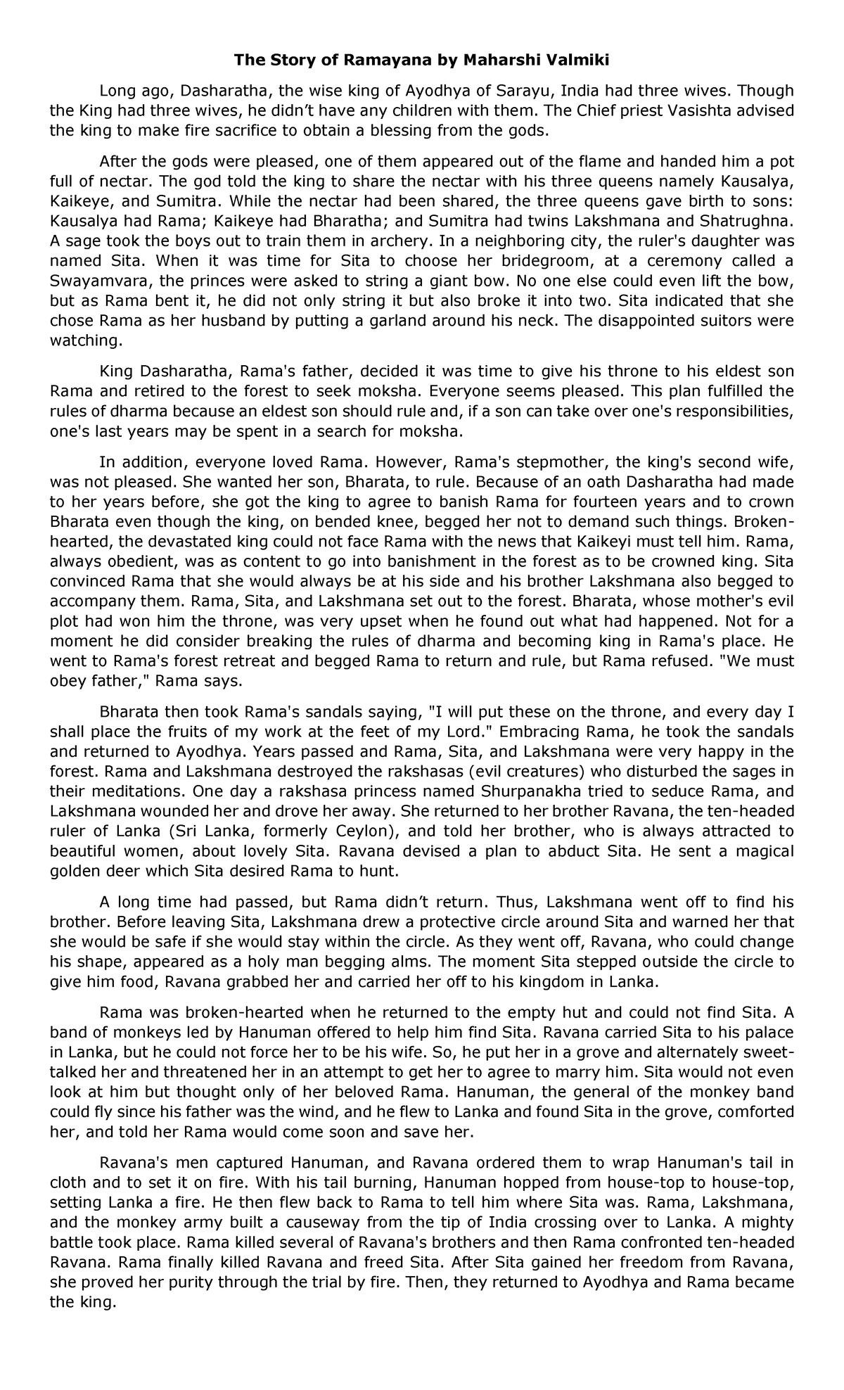 The Story of Ramayana by Maharshi Valmiki - Though the King had three ...