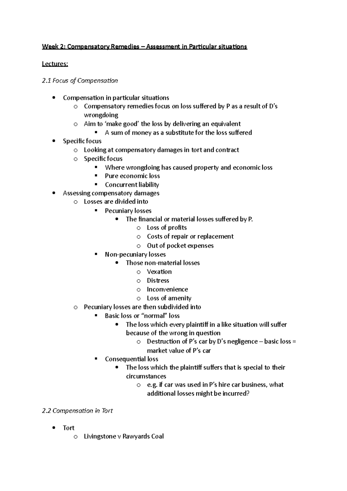 Week 2 Summary Notes - Week 2: Compensatory Remedies – Assessment in ...