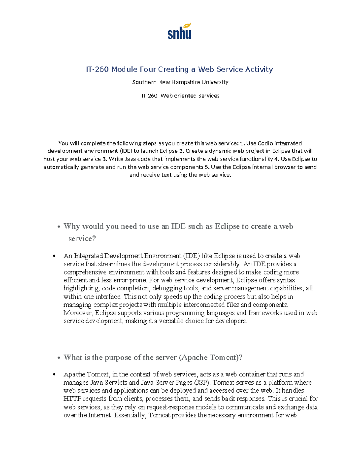 IT-260 module 4 activity 1 - IT-260 Module Four Creating a Web Service Activity Southern New ...
