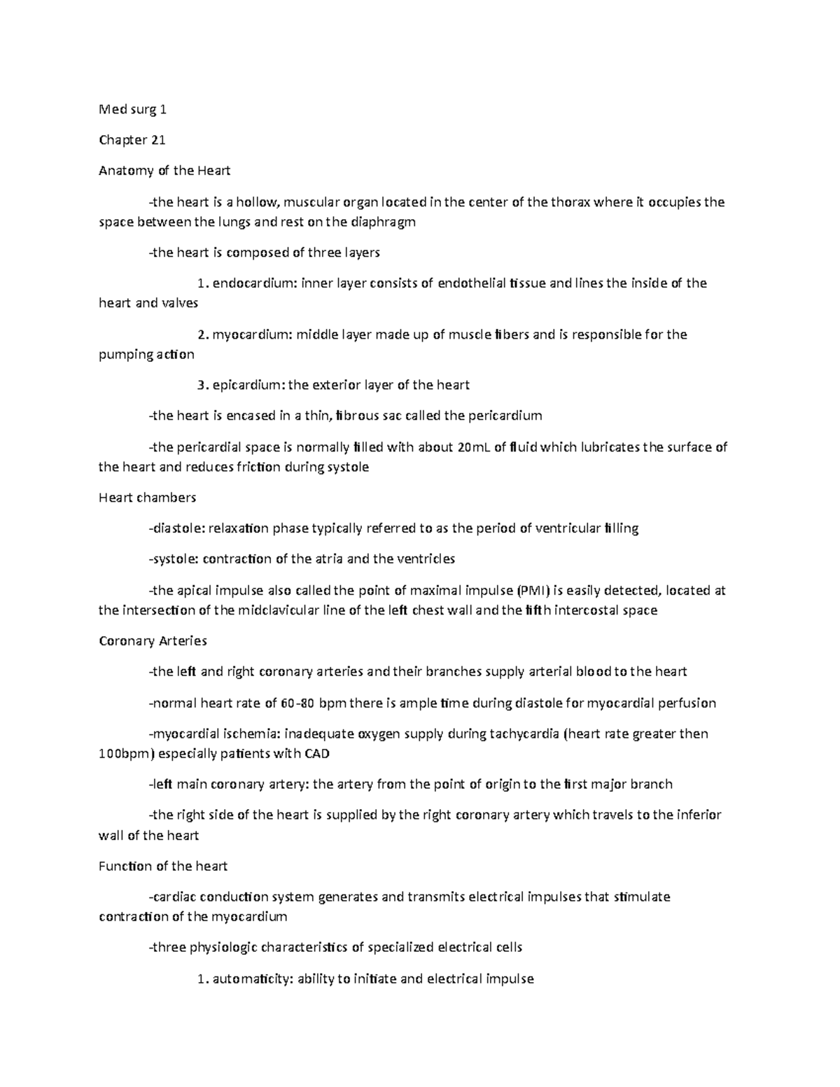 Med surg 1 outline - notes - Med surg 1 Chapter 21 Anatomy of the Heart ...