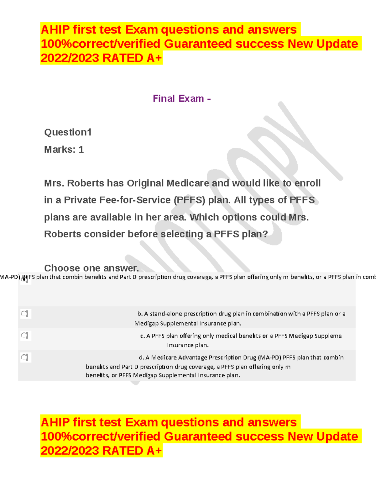 AHIP first test - b. A stand-alone prescription drug plan in ...