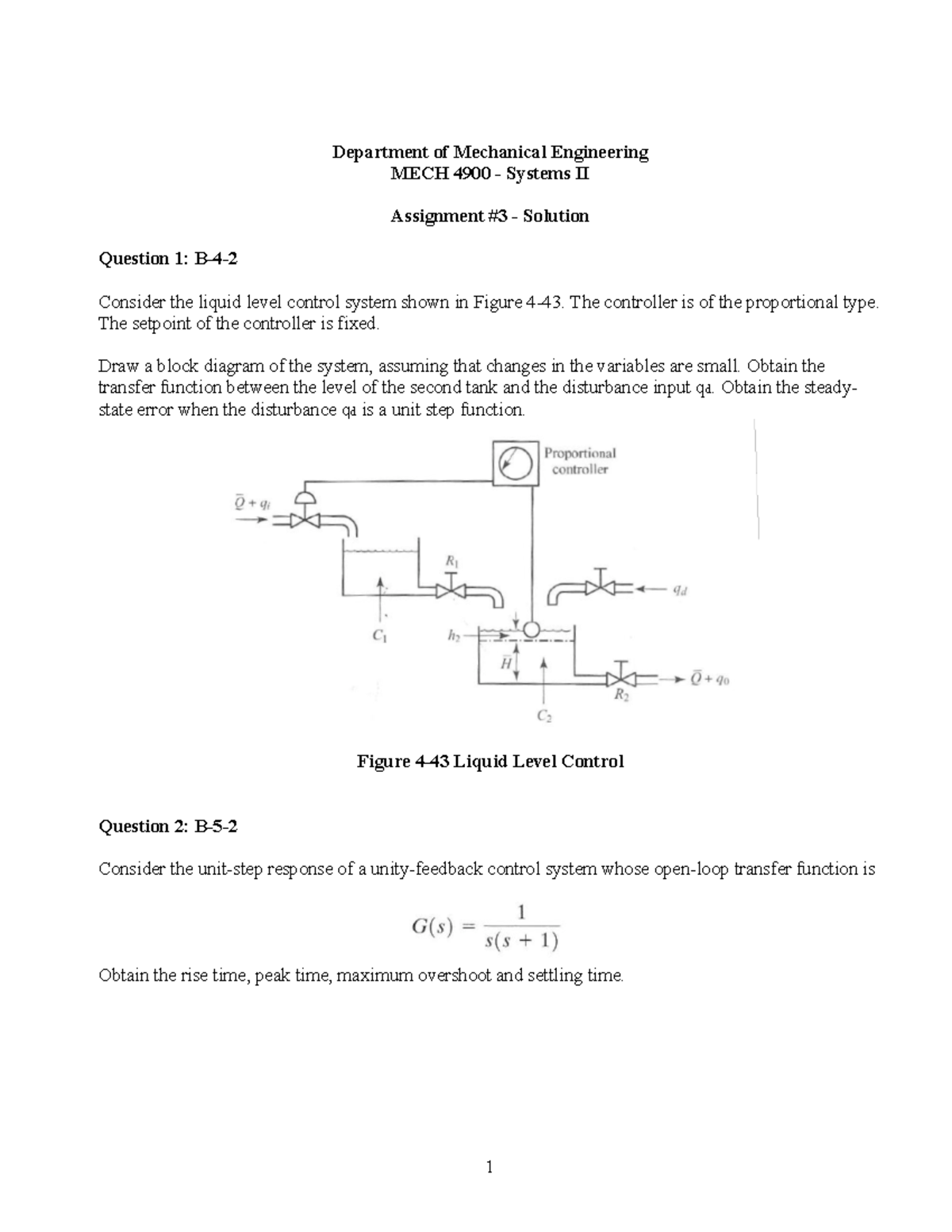 Assignment 3 Solution - Department of Mechanical Engineering MECH 4900 - Systems II Assignment ...