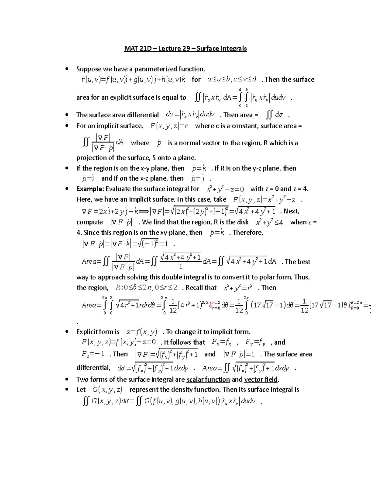 MAT 21D – Lecture 29 – Surface Integrals - MAT 21D – Lecture 29 – Surface Integrals Suppose we ...