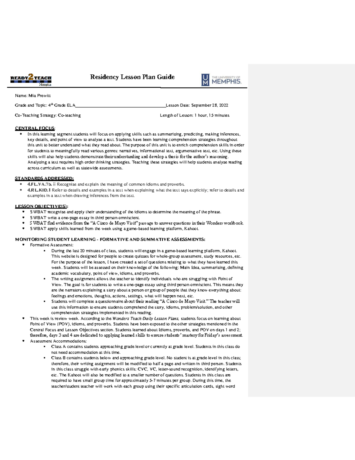 Lesson Plan Day 2 - Residency Lesson Plan Guide Name: Mia Prewitt Grade ...