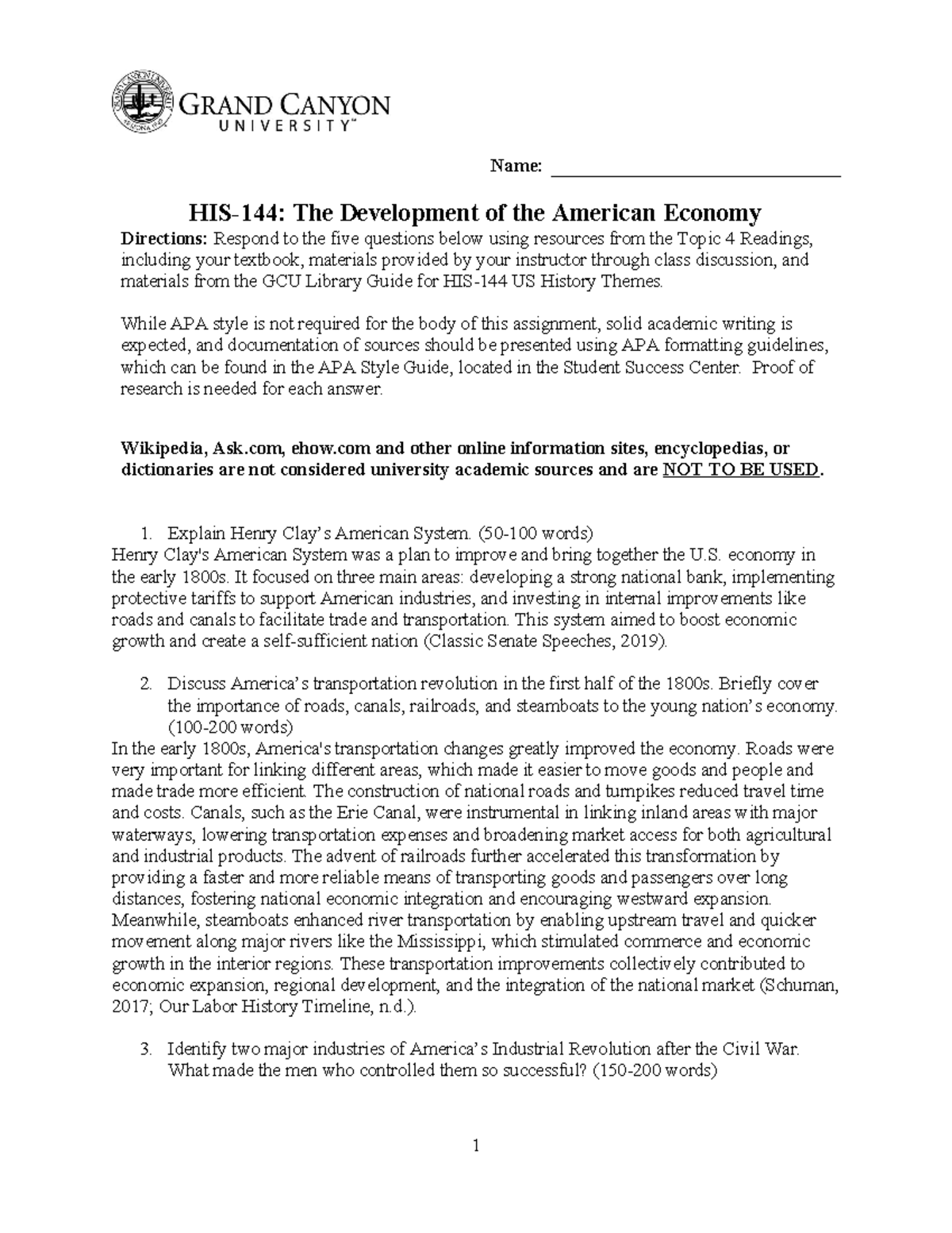 The Development of the American Economy - Name: HIS-144: The ...
