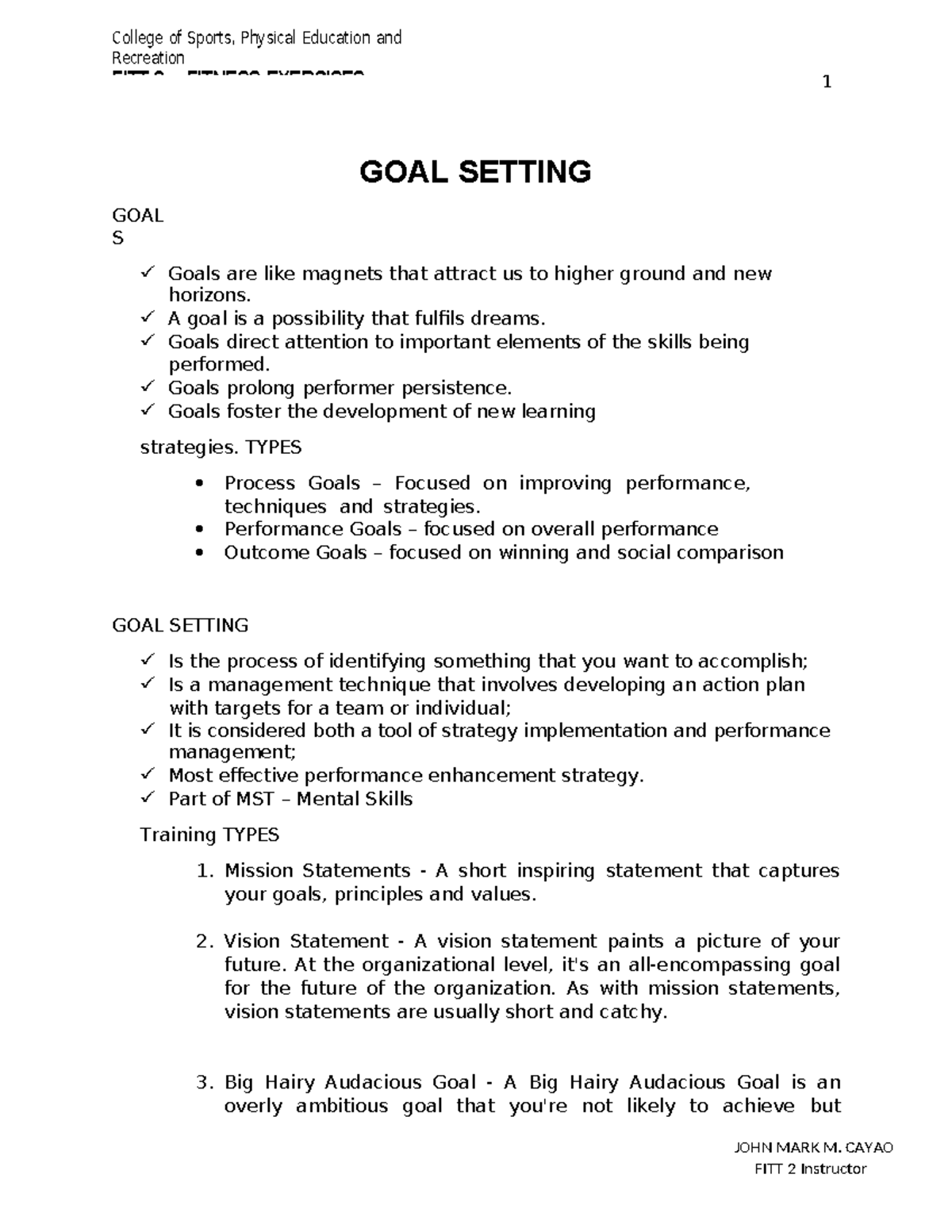 FITT-2- Handouts - Recreation FITT 2 – FITNESS EXERCISES 1 JOHN MARK M ...