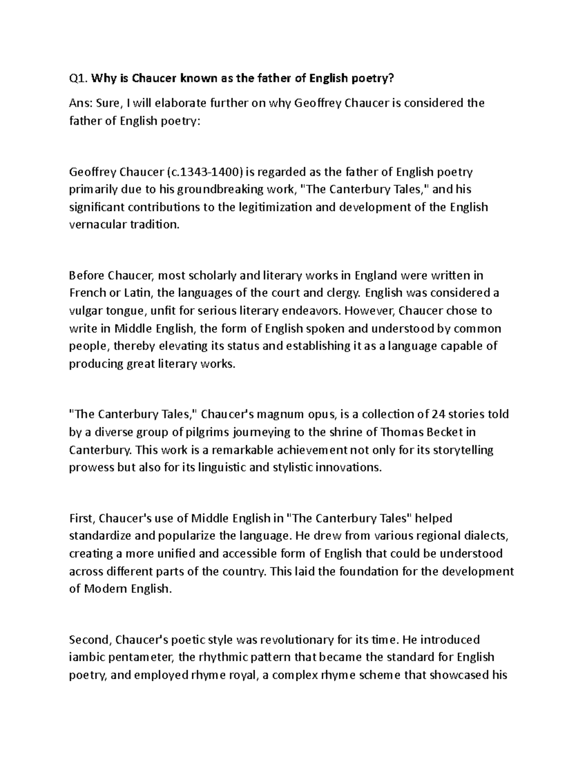 Chaucer - Lecture notes - Q1. Why is Chaucer known as the father of ...