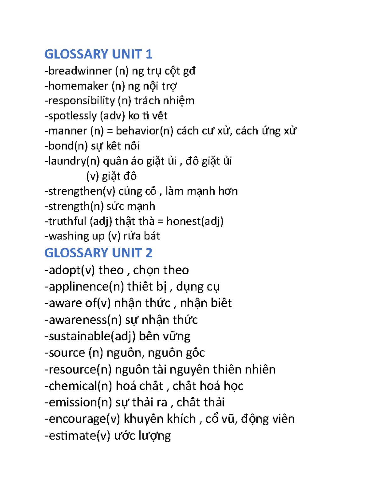 Glossary Textbook 10 ( hải yến) - GLOSSARY UNIT 1 -breadwinner (n) ng ...