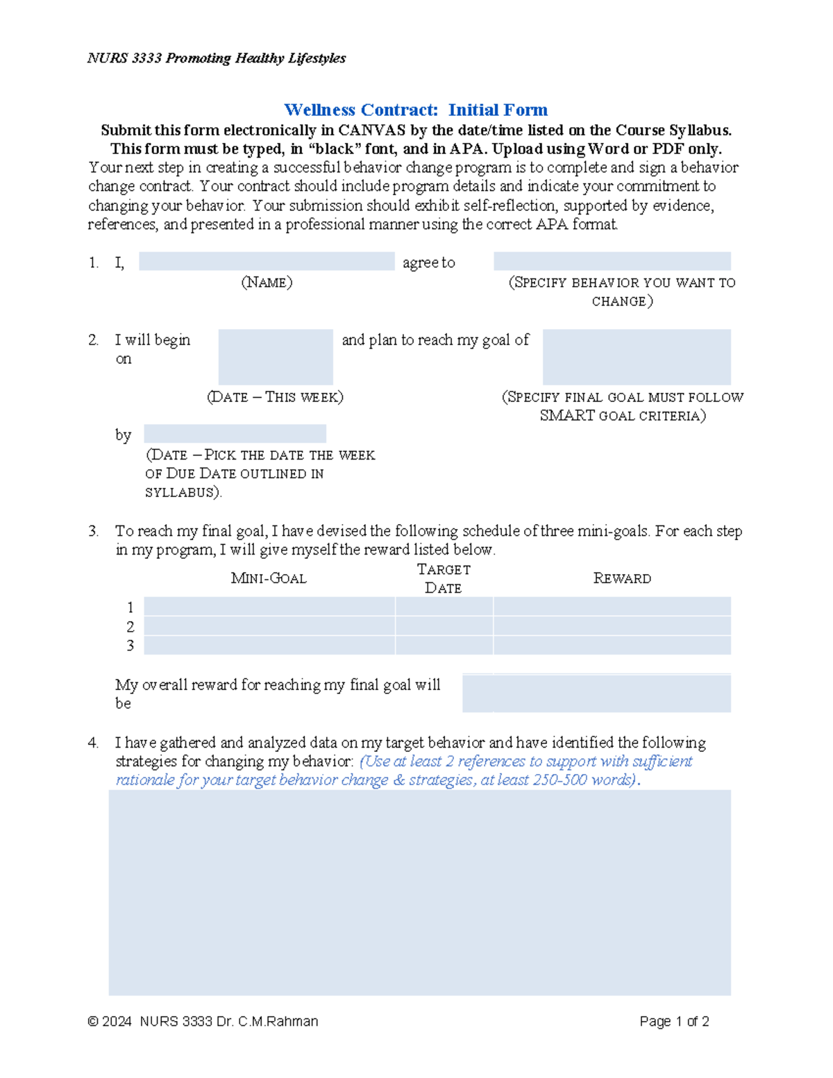 wellness contract - NURS 3333 Promoting Healthy Lifestyles Wellness ...