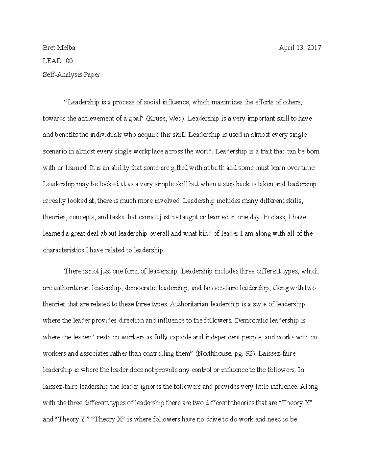 Self Analysis Paper Leadership - Bret Melba April 13, 2017 LEAD Self ...