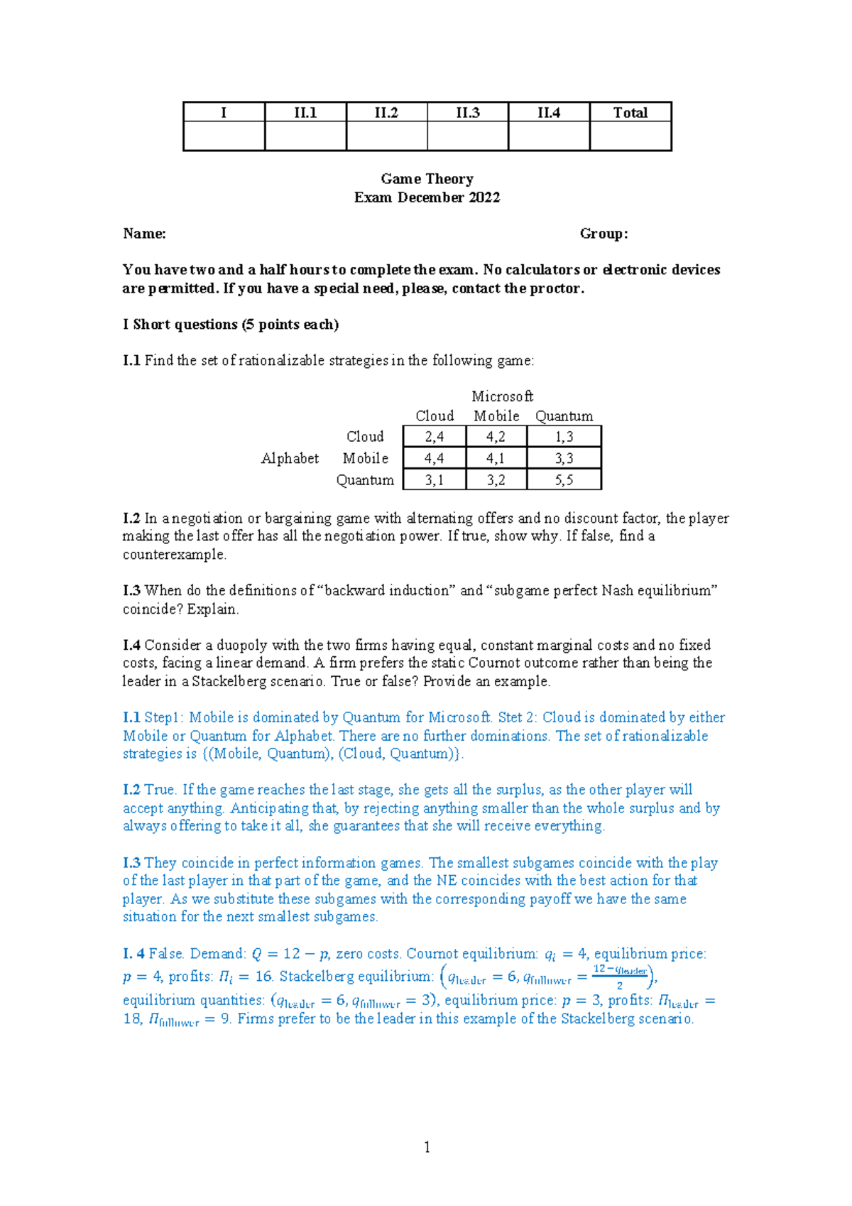 Exam December solution 2222 - I II II II II Total Game Theory Exam ...
