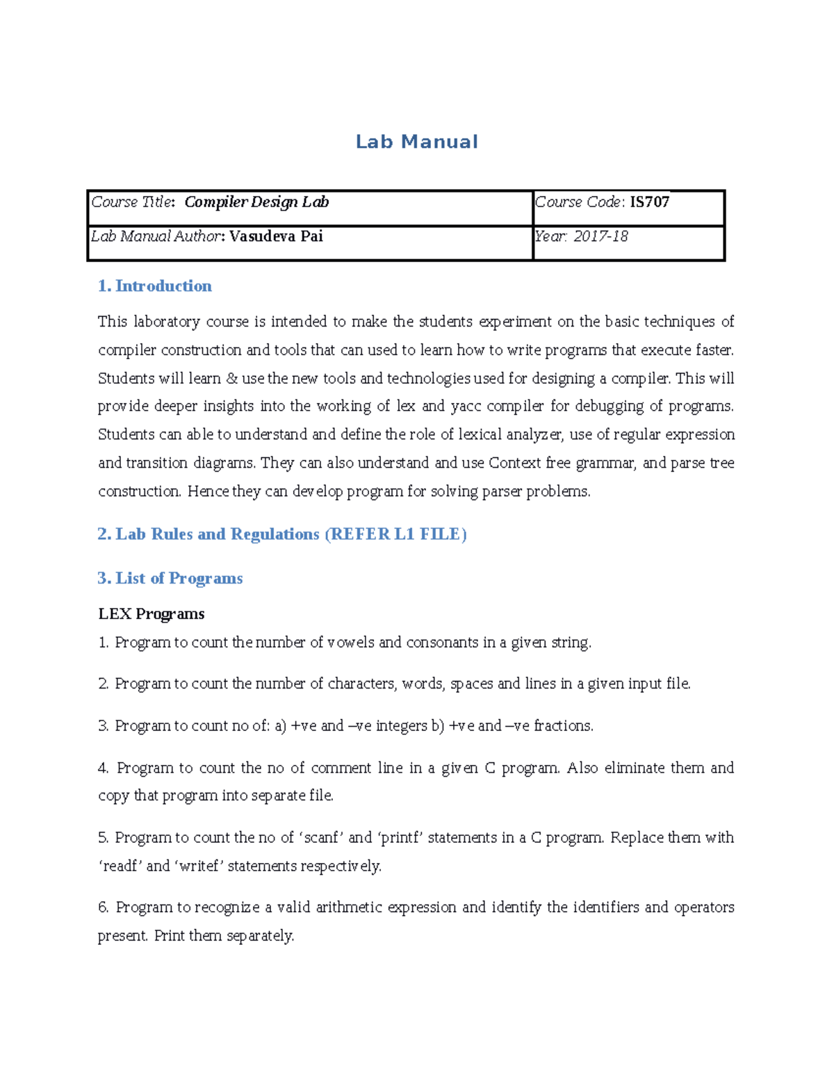 Cdlab Manual Dept Lab Lab Manual Course Title Compiler Design Lab Course Code Is Lab