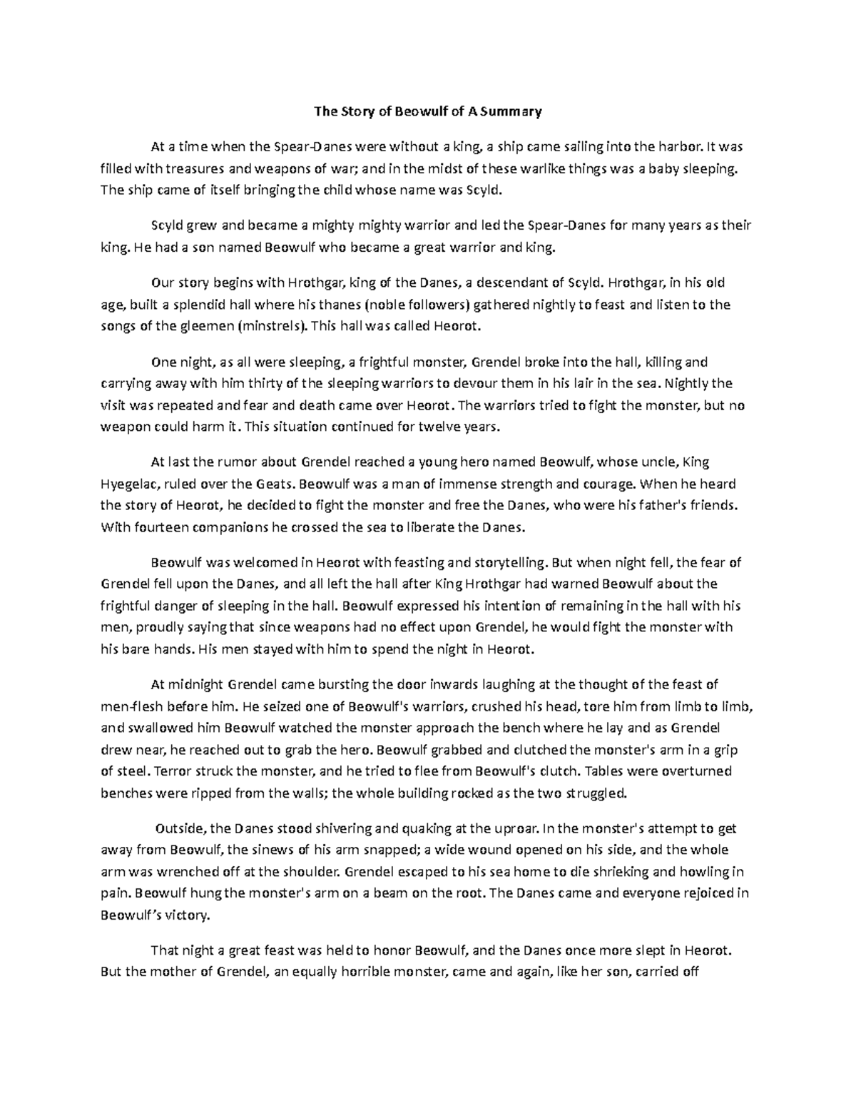 The Story of Beowulf of A Summary - It was filled with treasures and ...