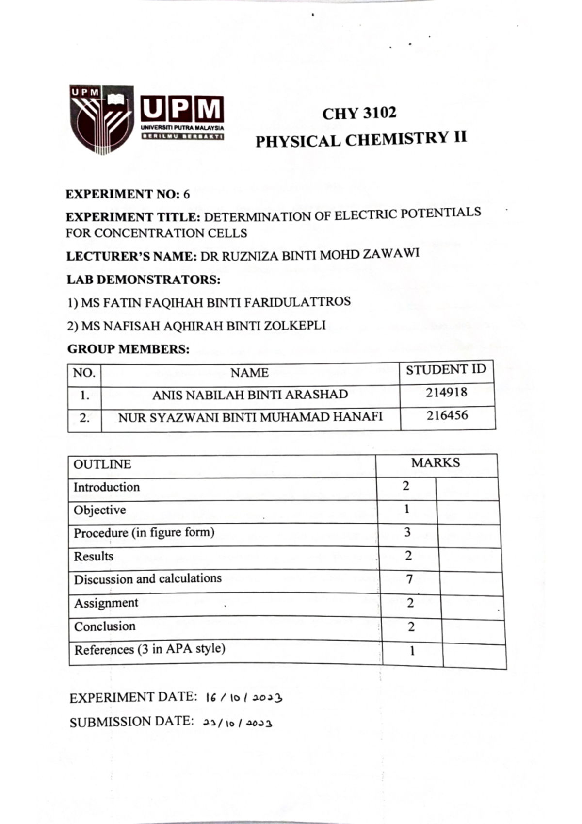 CHY 3102 LAB Report 6 - Analytical Chemistry - Studocu