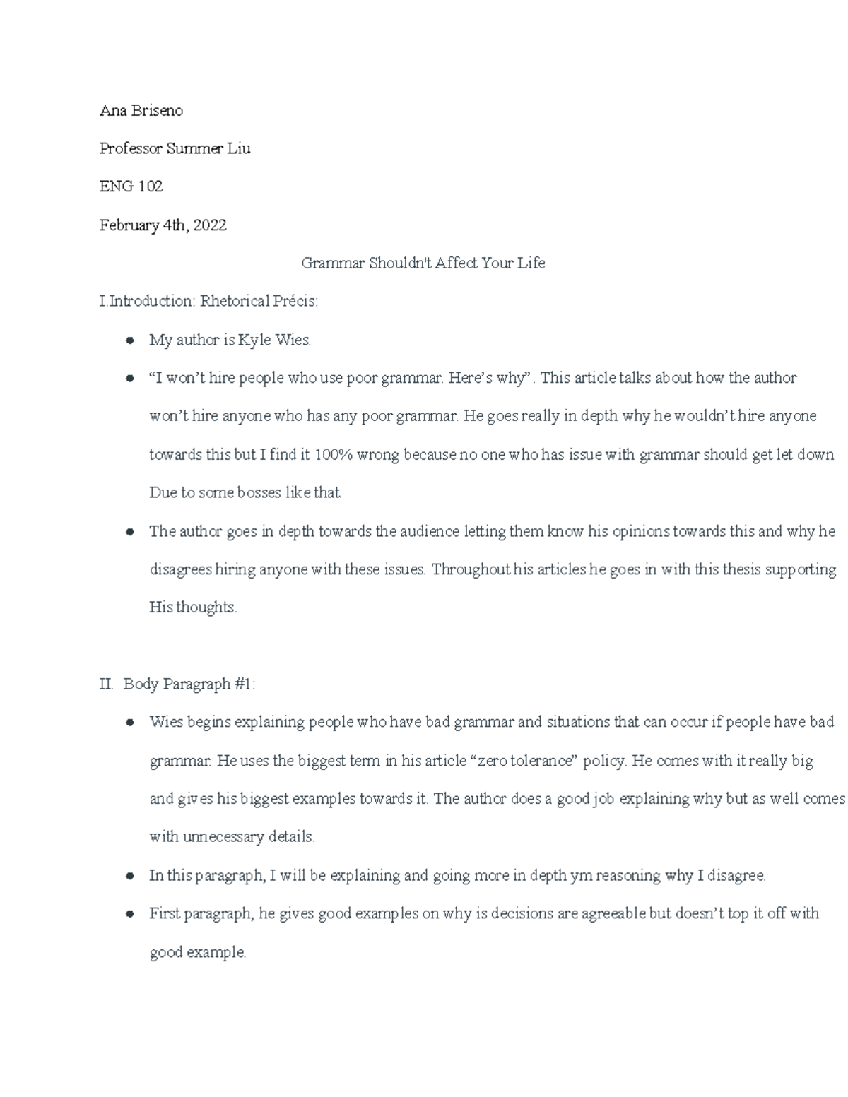 Writing porject 1 - GRAMMAR ESSAY PROF.SMITH - Ana Briseno Professor ...