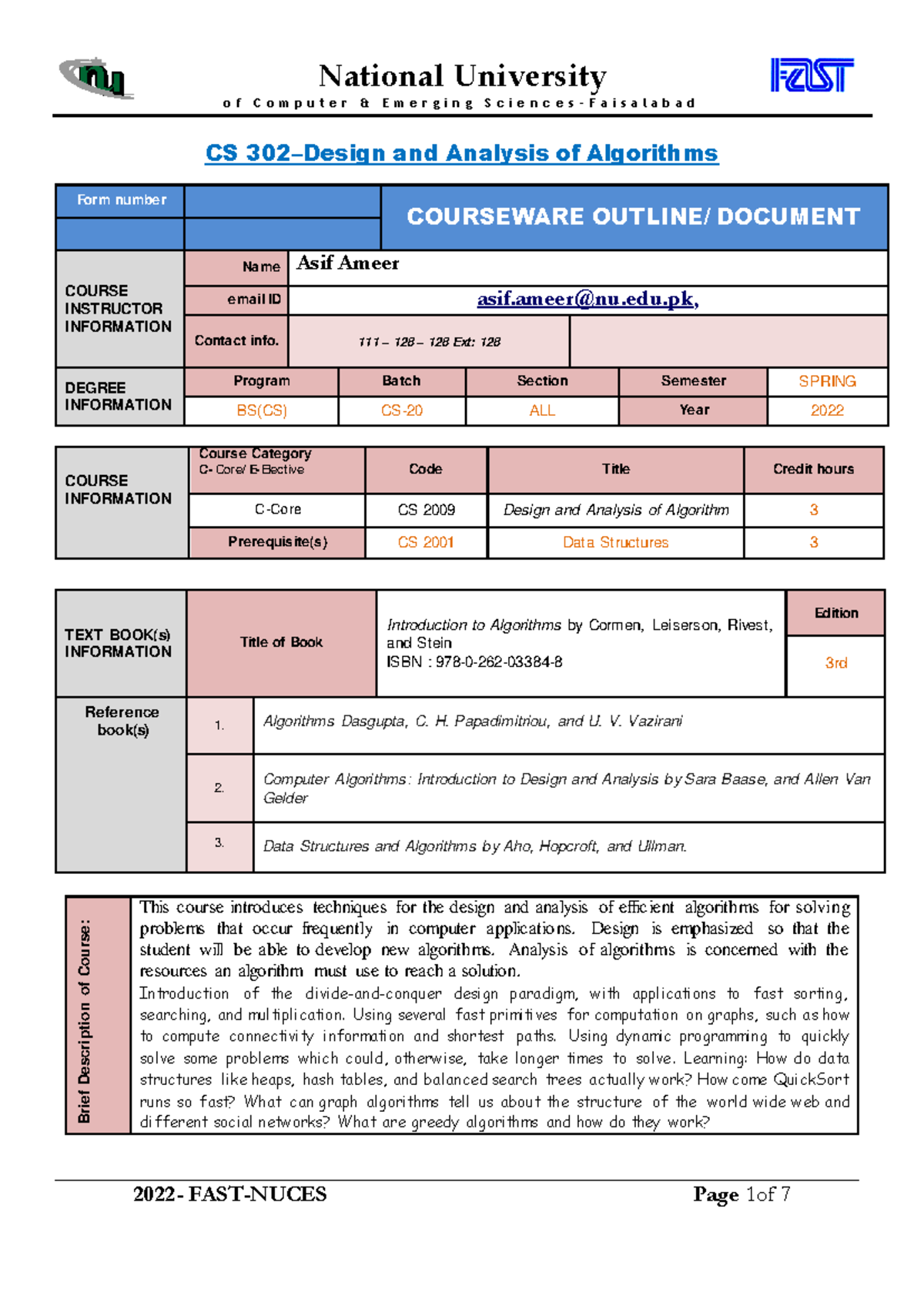 CS 2009 - DAA Course Outline ( Spring 2022) Updated - Design and ...