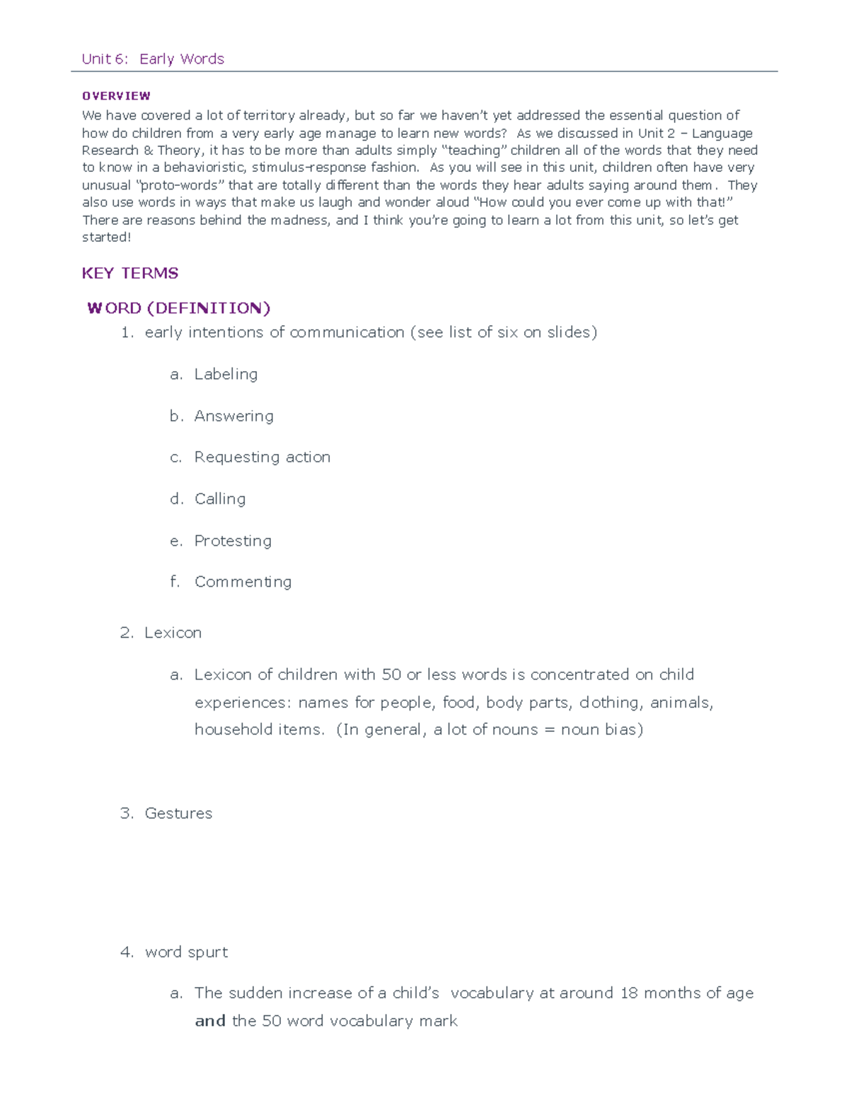 Unit 6 Guide - First Words - Unit 6: Early Words OVERVIEW We have ...