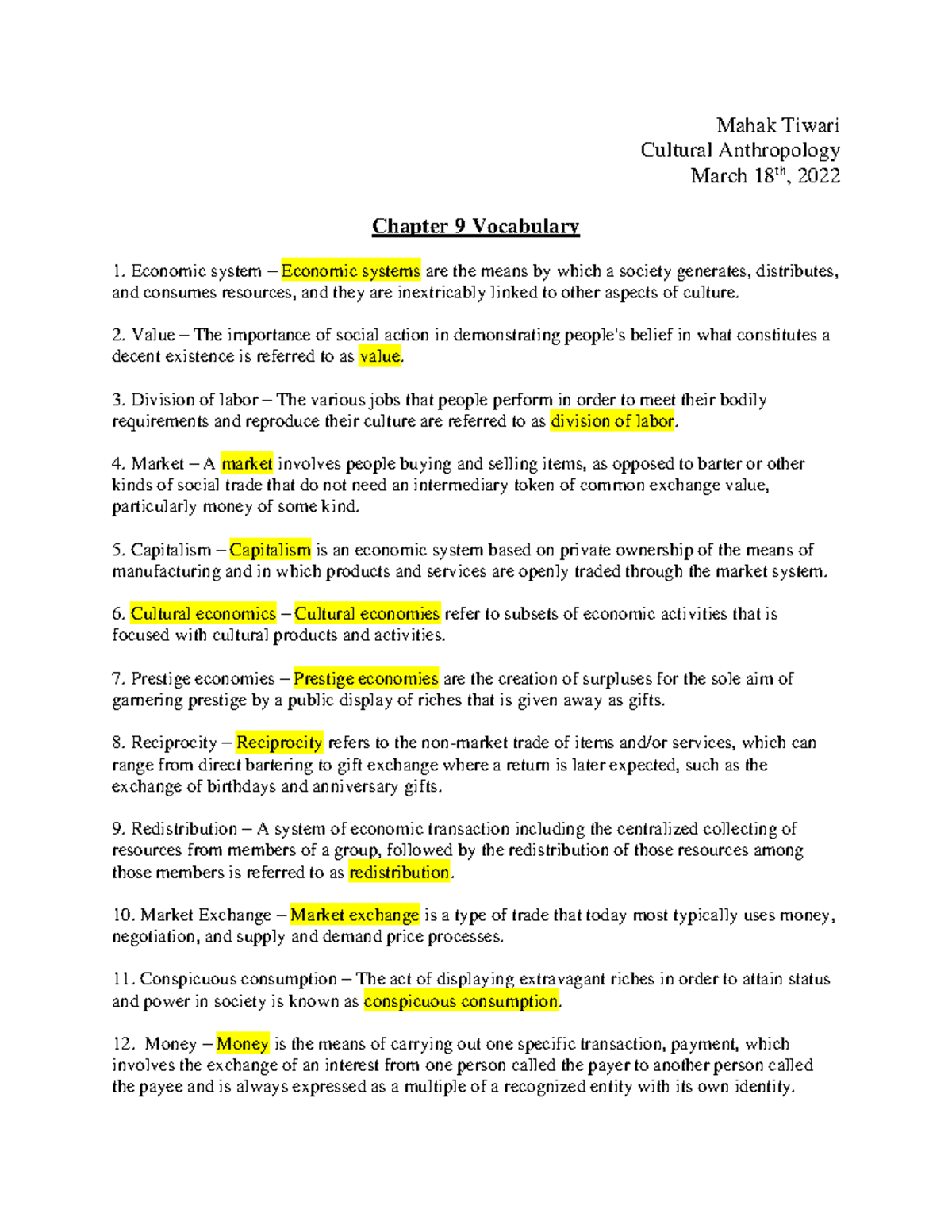 Chpt 9 Vocab MT - Mahak Tiwari Cultural Anthropology March 18th, 2022 ...