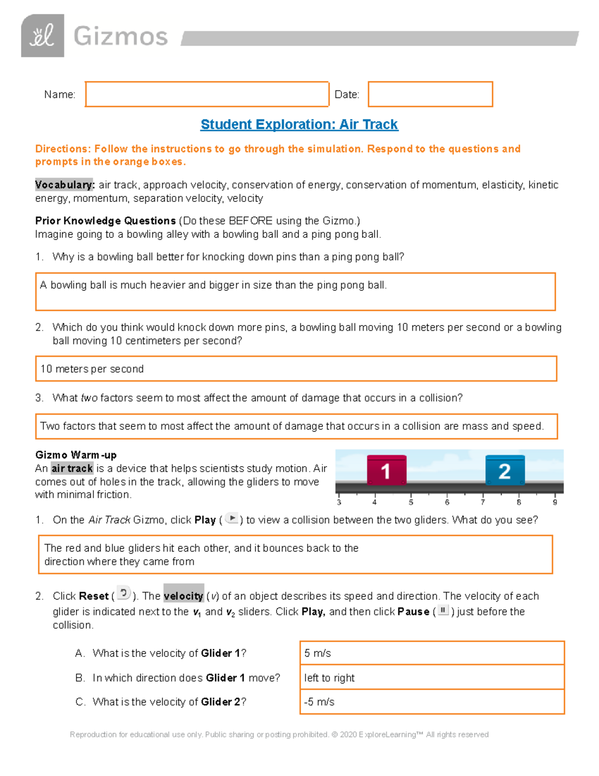 Chance willams 2A Copy of Gizmos Lab - Air Track - Name: Date: Student ...