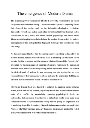 The emergence of Modern Drama - The modern drama period is shaped by ...