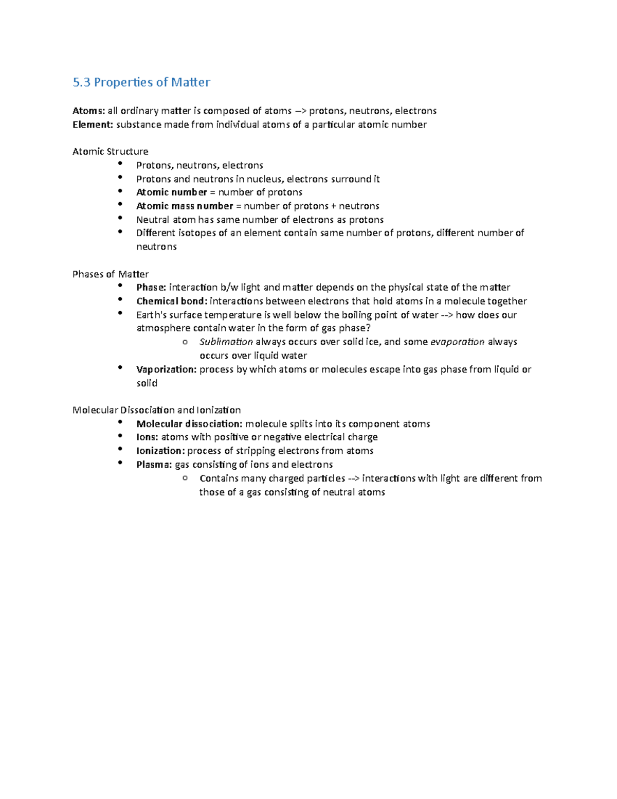 5.3 notes - 5 Properties of Matter Atoms: all ordinary matter is ...