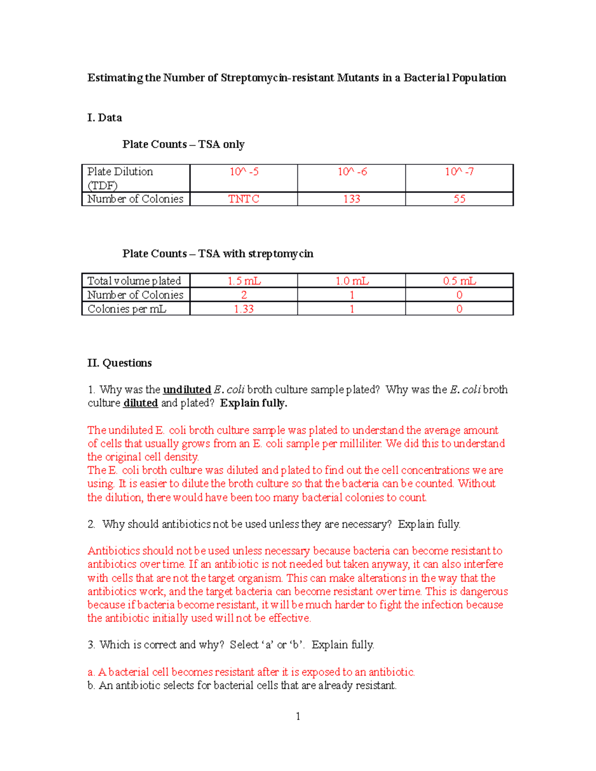 Selection Lab - Estimating the Number of Streptomycin-resistant Mutants in a Bacterial ...