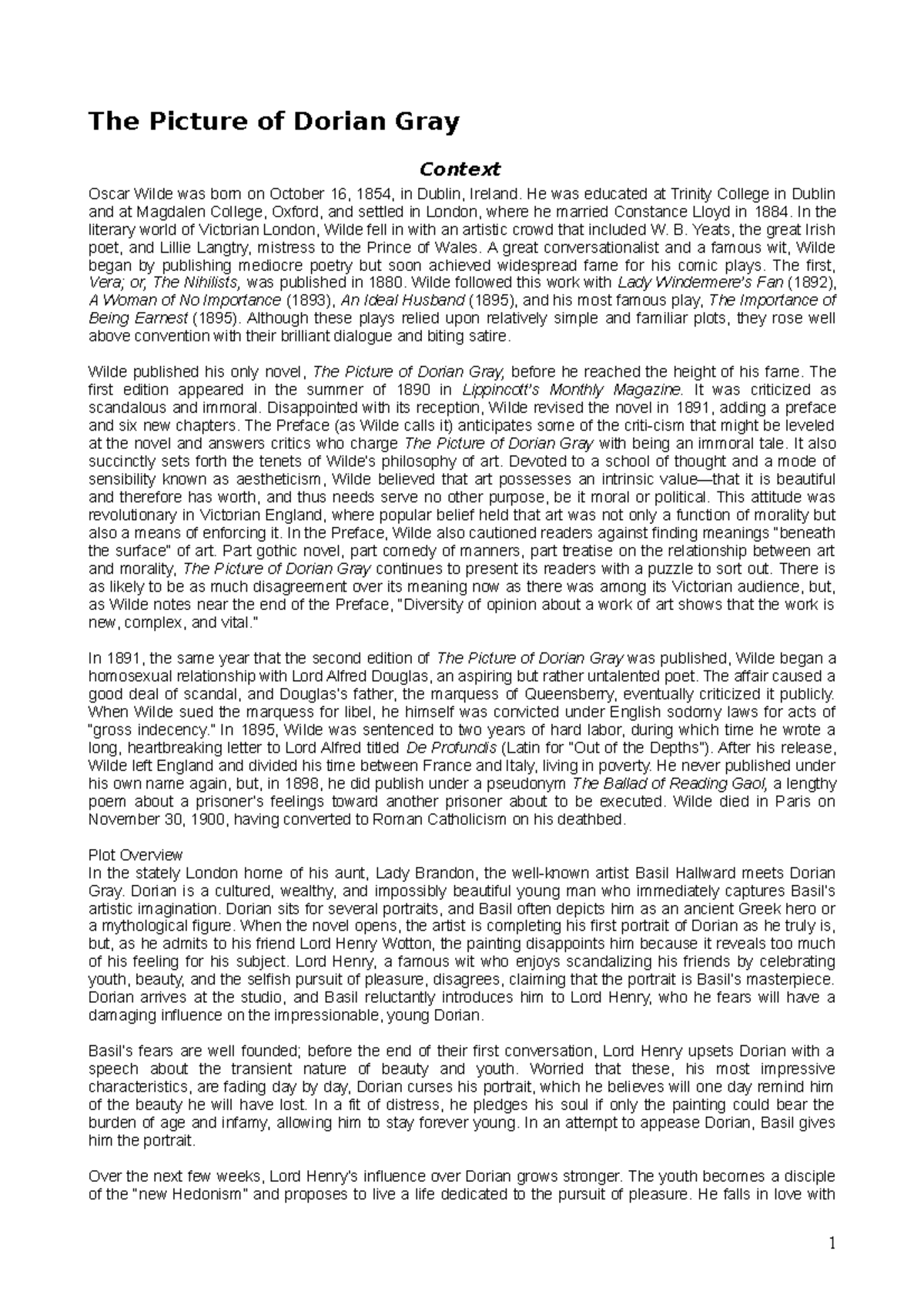 The Picture of Dorian Gray - The Picture of Dorian Gray Context Oscar ...