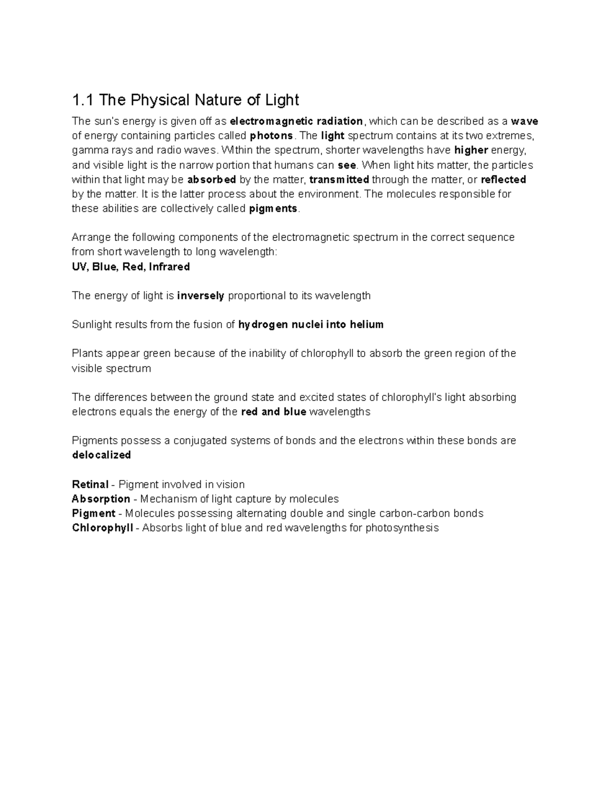 Chapter 1 Notes - 1 The Physical Nature of Light The sun’s energy is ...