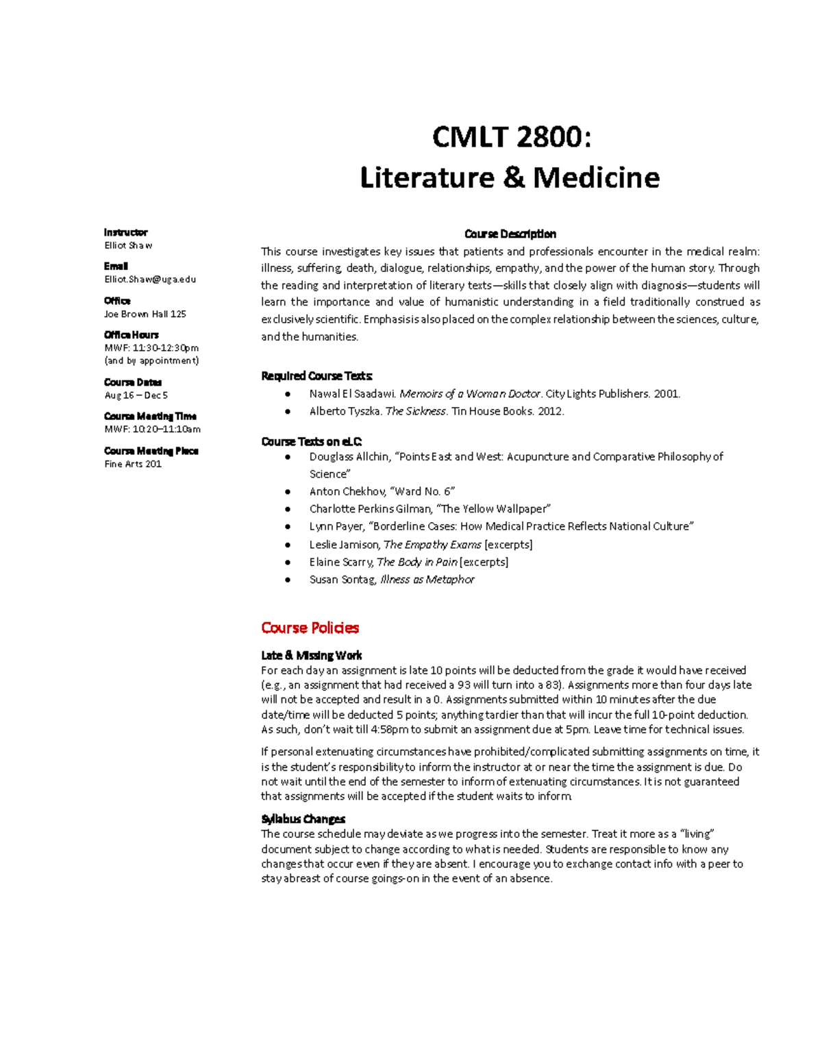 CMLT 2800 - FL 23 - Syllabus - CMLT 2800 : Literature & Medicine ...
